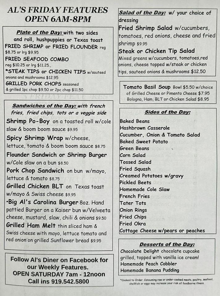 Menu at Al's Diner restaurant, Pittsboro
