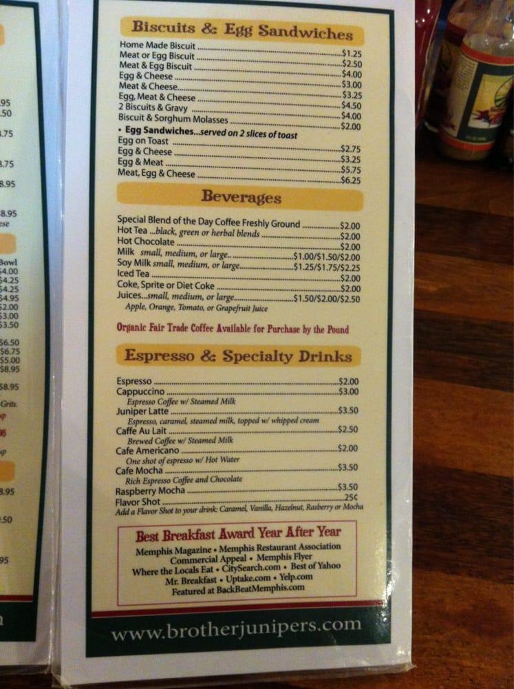 Menu at Brother Juniper's restaurant, Memphis