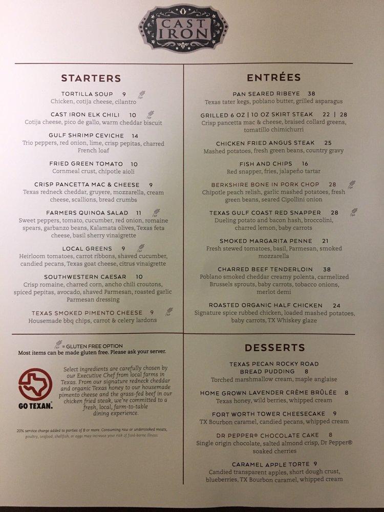 Menu at Cast Iron Restaurant, Fort Worth