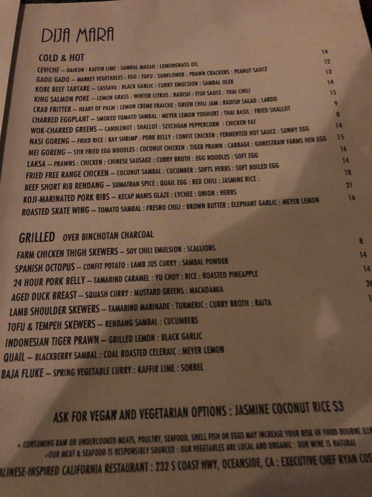 Menu at Dija Mara restaurant, Oceanside