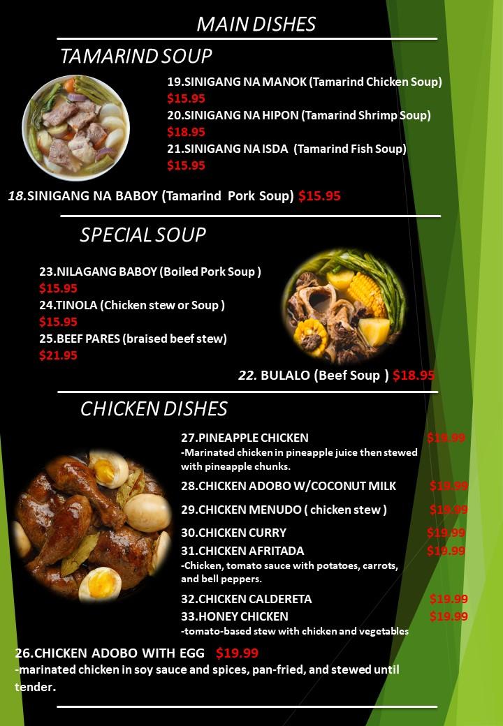Menu au Giga's Pinoy Carinderia restaurant, Cochrane
