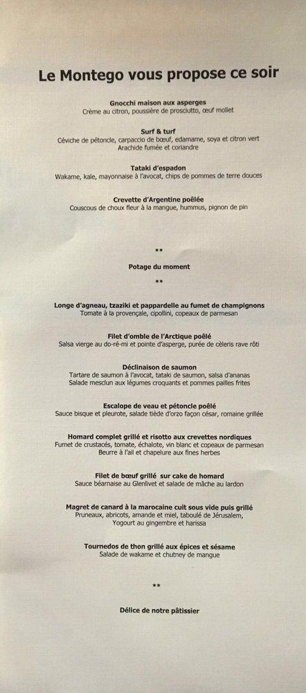 Menu au Montego Resto Club, Québec, Avenue Maguire
