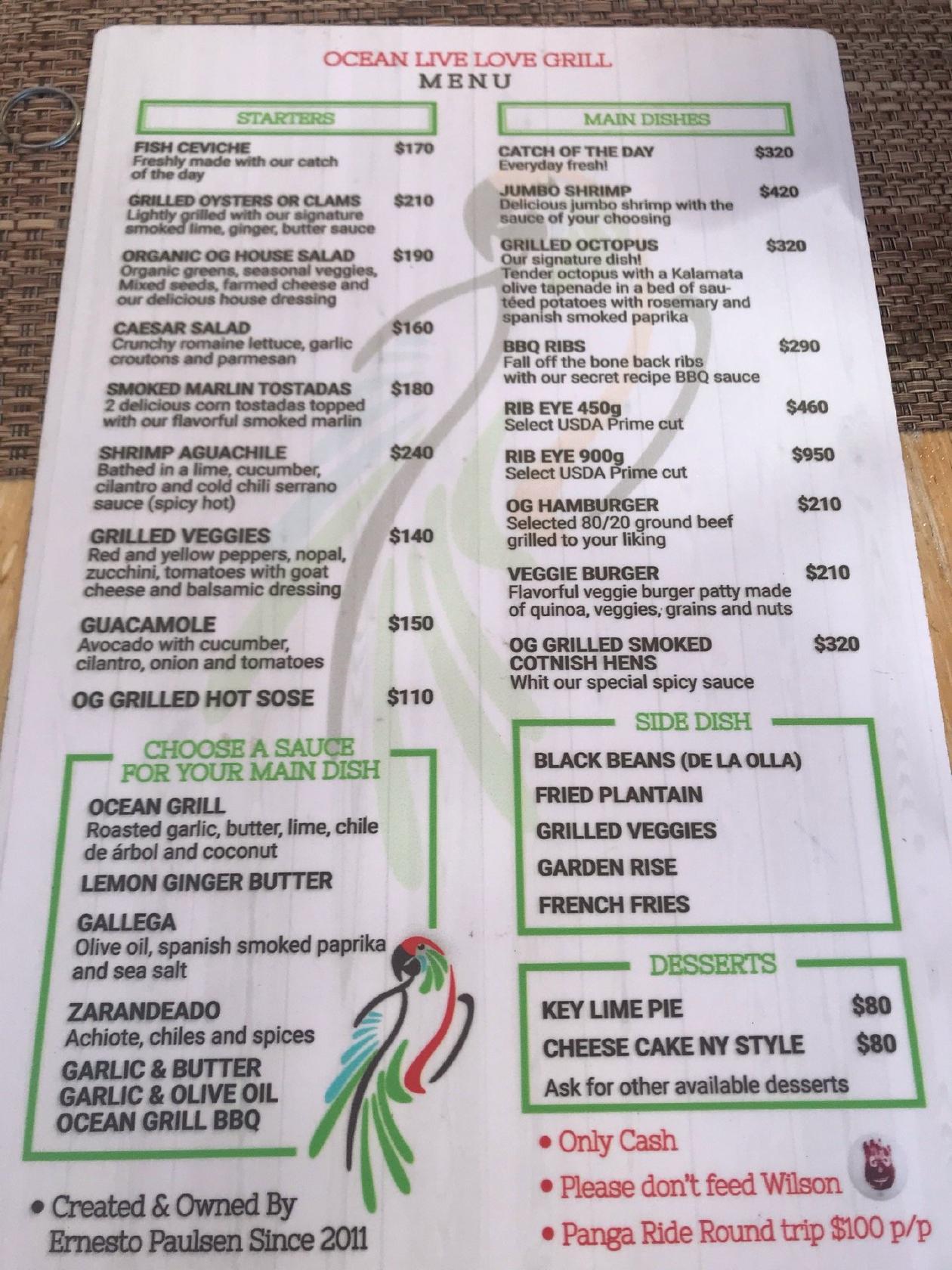 Menu at Ocean Grill BBQ, Boca de Tomatlan