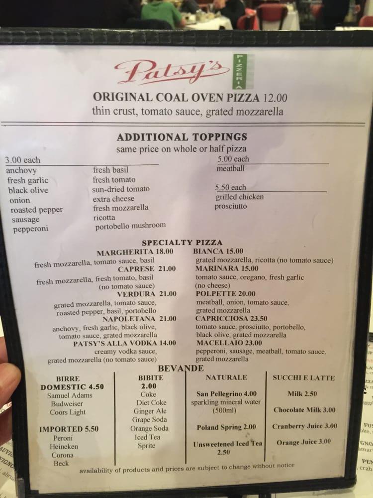 Menu at Patsy's Pizzeria, New York City, 2287 1st Ave.