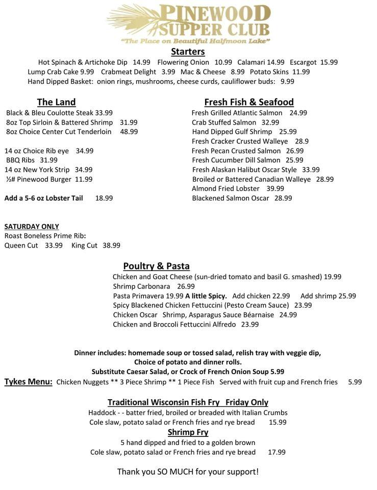 Menu at Pinewood Supper Club, Mosinee
