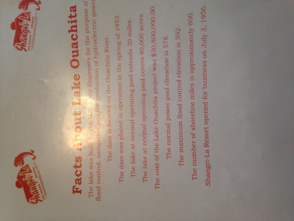 Menu at Shangri La Resort restaurant, USA, 987 Shangri La Dr