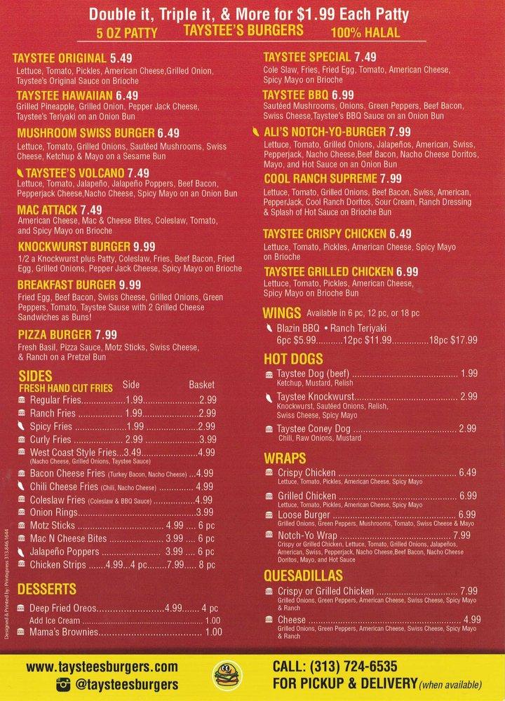 Menu at Taystee's Burgers fast food, Dearborn