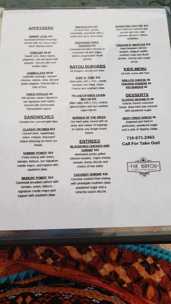 Menu at The Bayou restaurant, Cheektowaga, Cleveland Dr