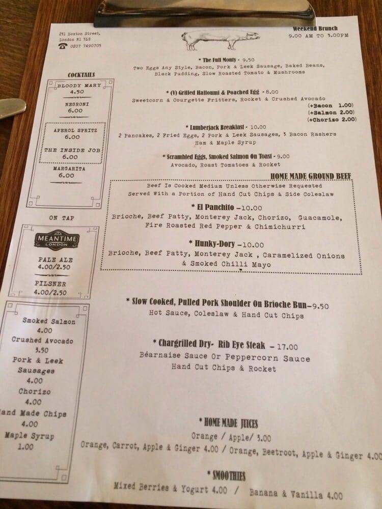 Menu at The Ginger Pig Café restaurant, London