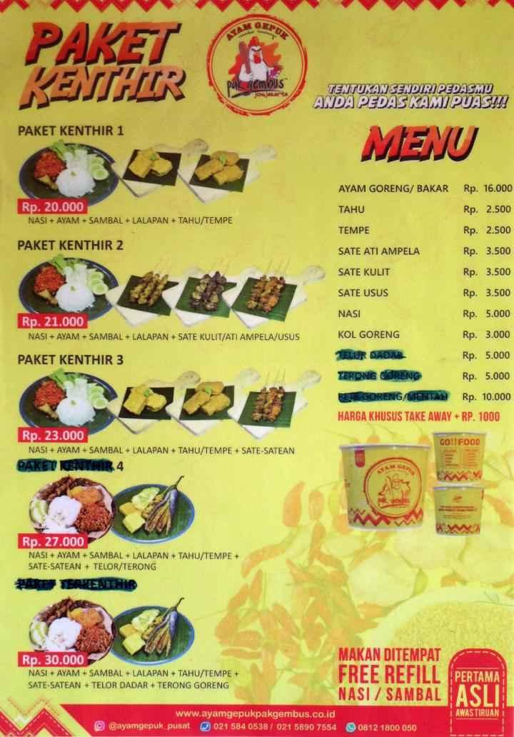 Menu at Ayam Gepuk Pak Gembus Kembang Kerep restaurant, West Jakarta ...