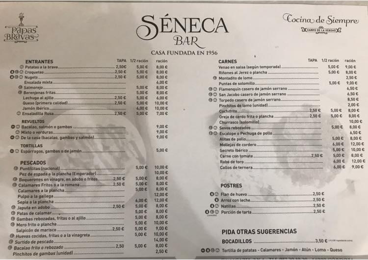 Menu at Bar Séneca, Córdoba