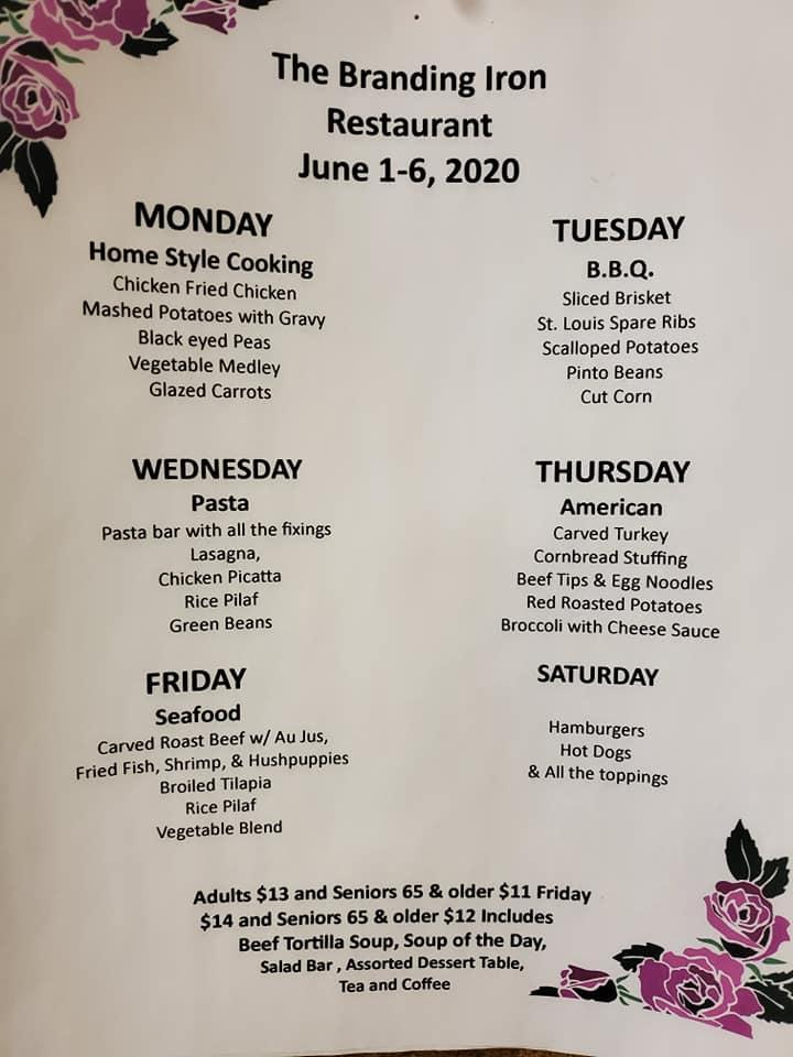 Menu at Branding Iron restaurant, Kerrville