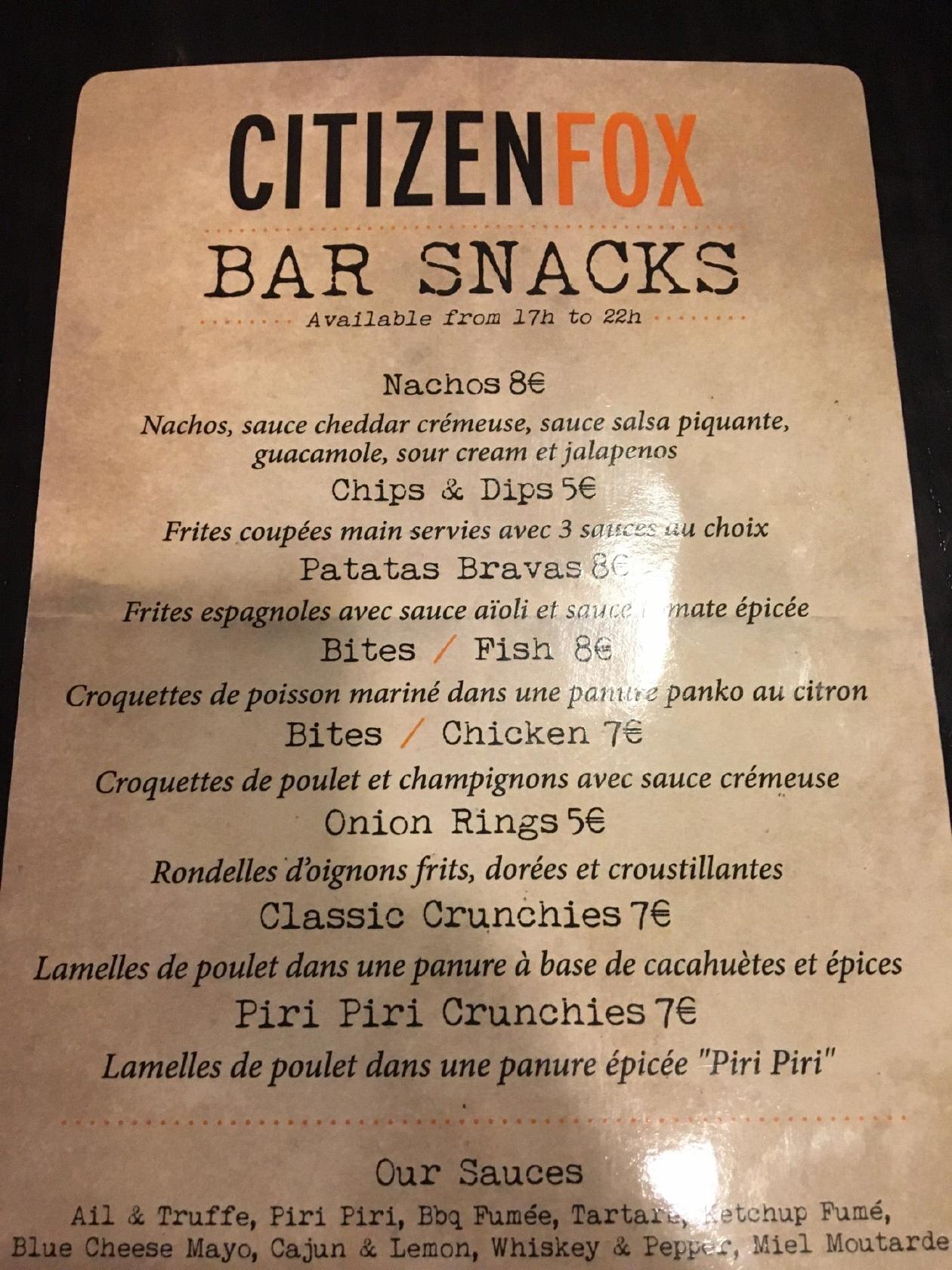 Menu at Citizen Fox, Mons