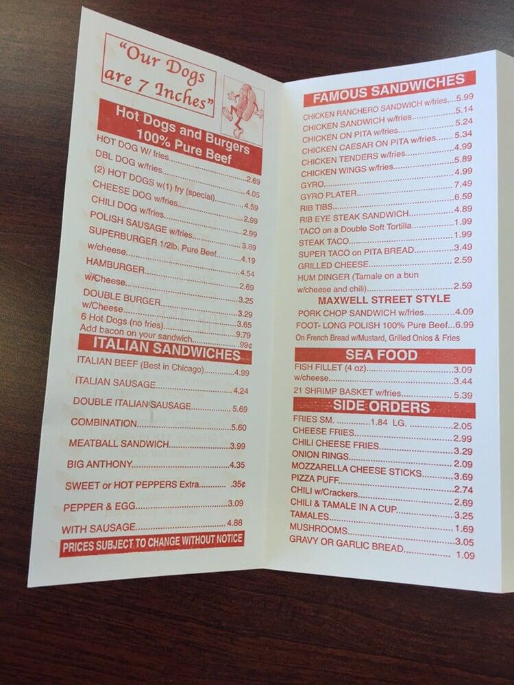 Menu at Donald's Famous Hot Dogs restaurant, Chicago, S Central Ave