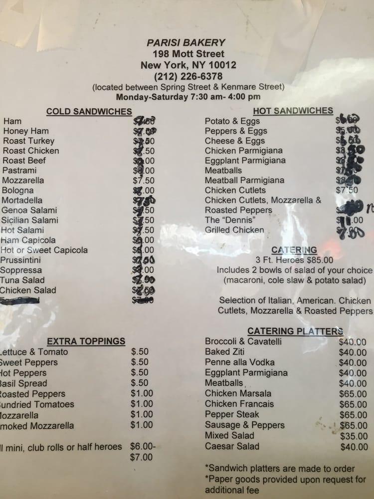 Menu at Parisi Bakery & Deli, New York City, 198 Mott St