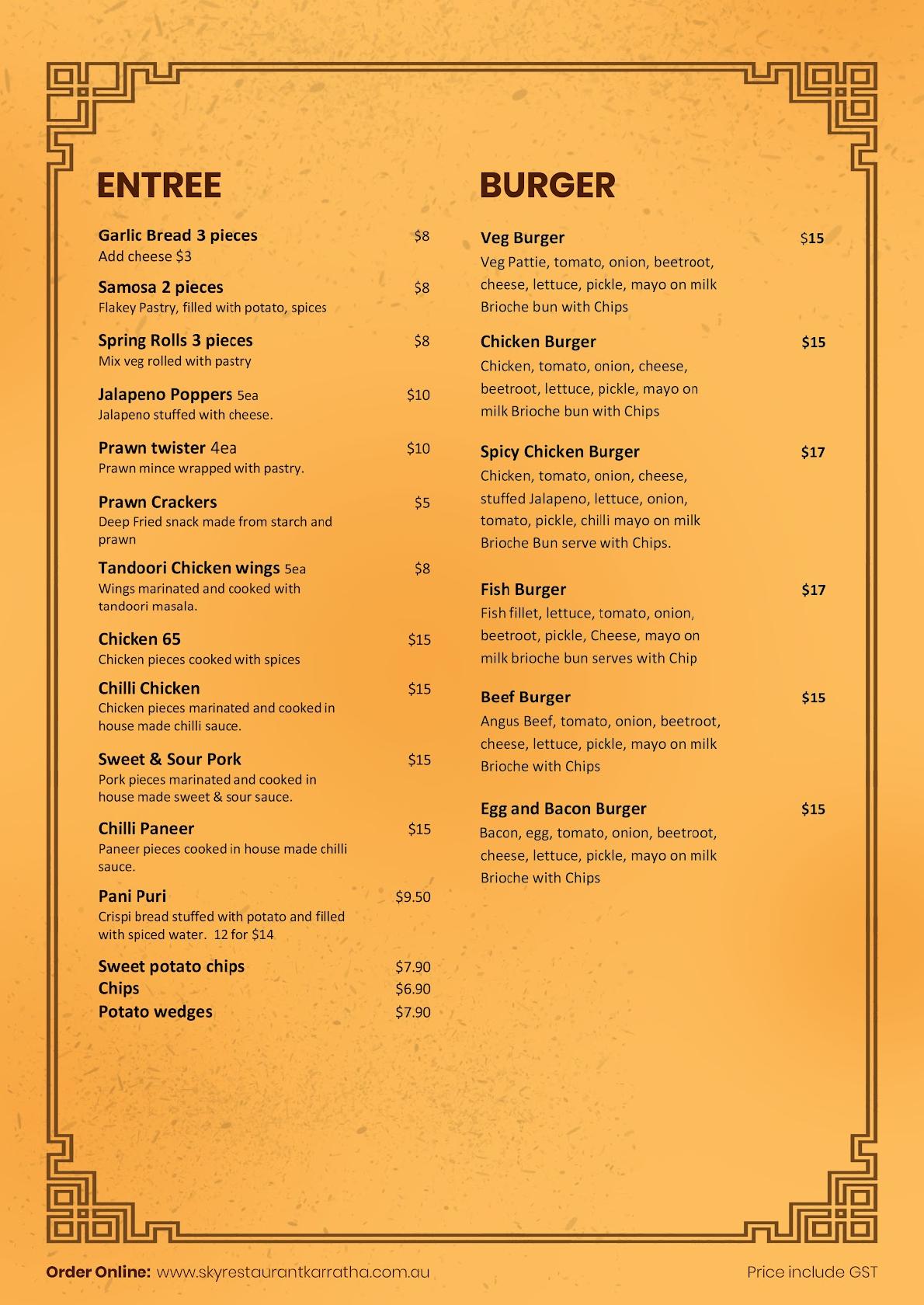 Menu at SKY Restaurant Karratha, Pegs Creek