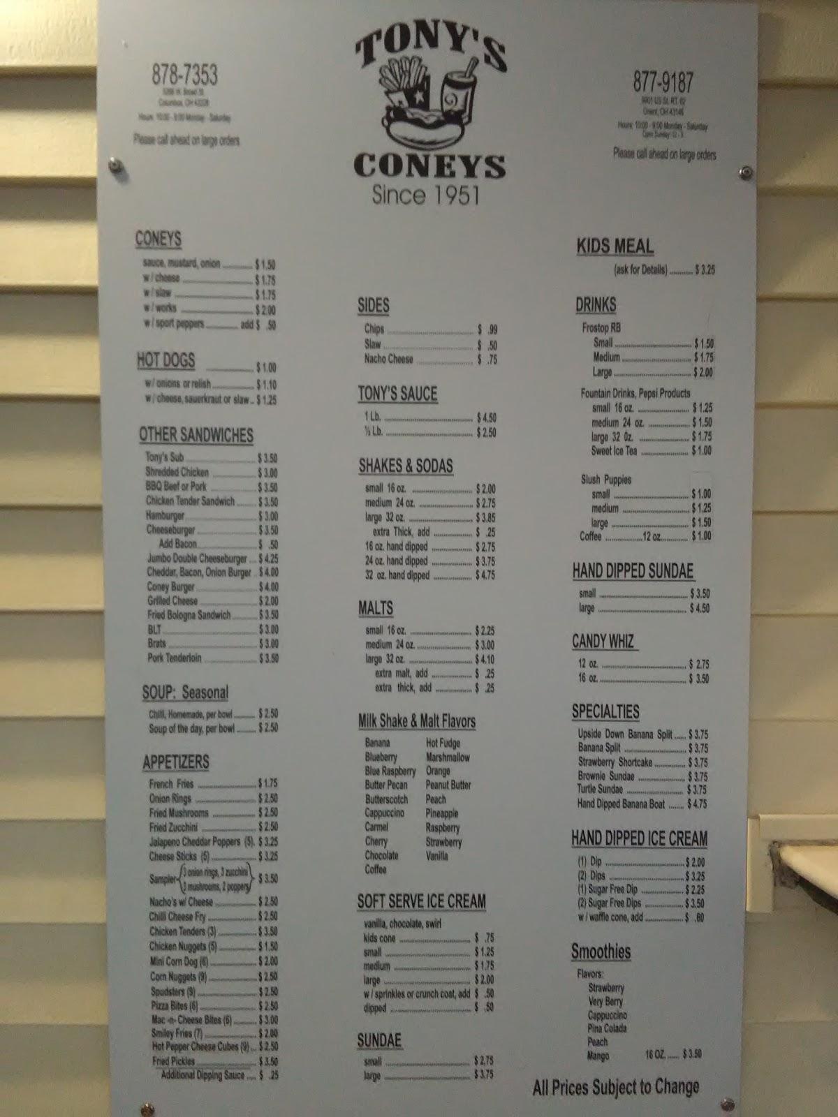 Menu at Tony's Coneys restaurant, Columbus