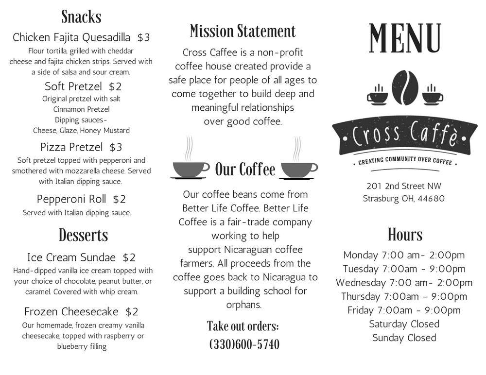 Menu at Cross Caffe cafe, Strasburg