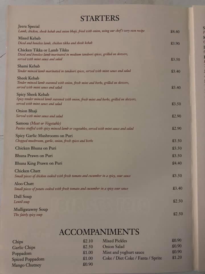 Menu at Jeera Tandoori restaurant, North Shields