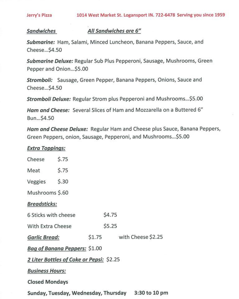 Menu at Jerry's Pizzeria, Logansport