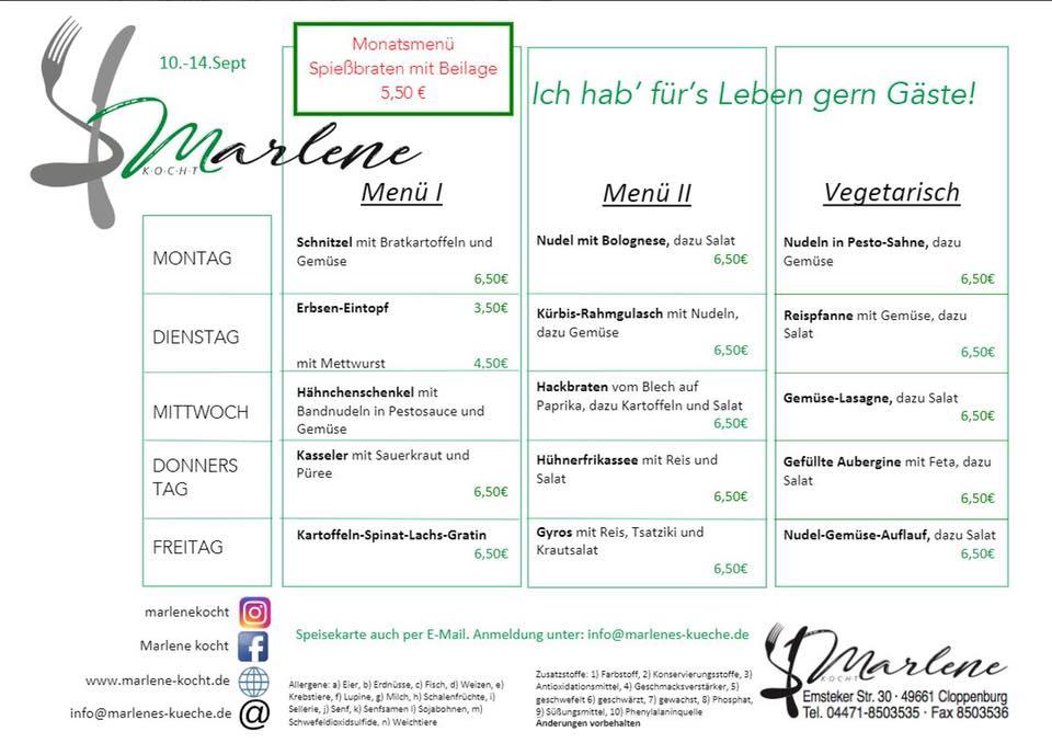 Speisekarte von Marlene Kocht pub & Bar, Cloppenburg