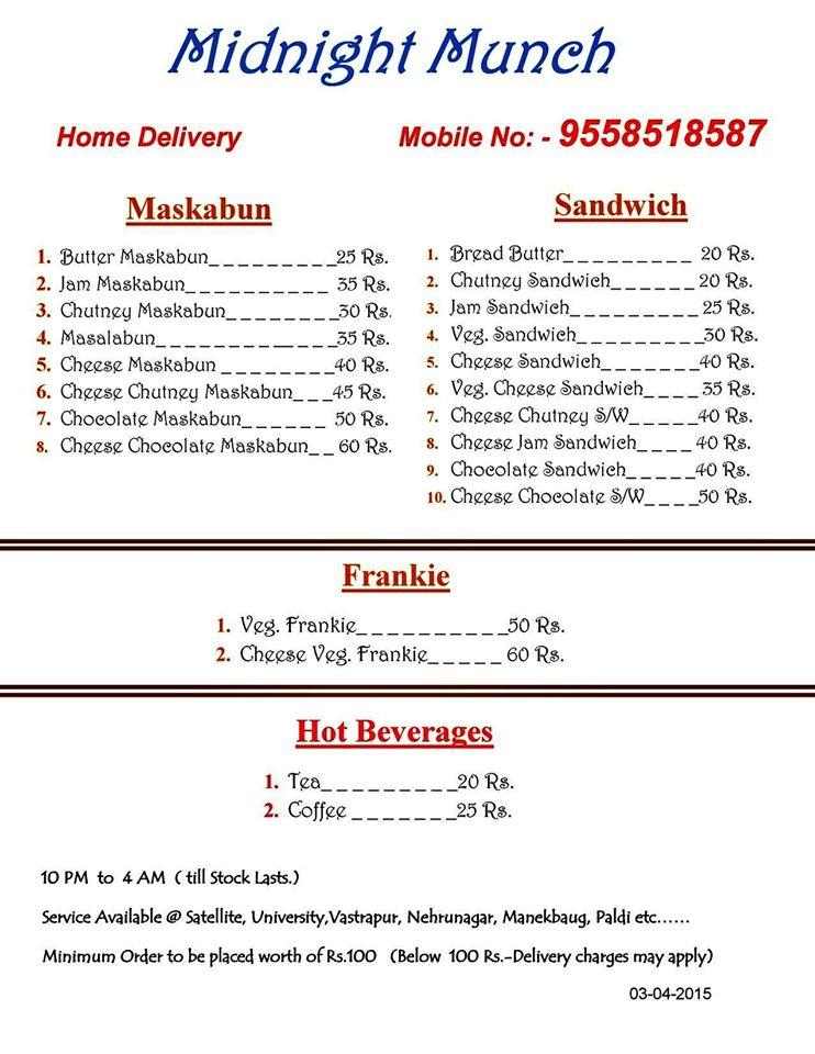 Menu at Midnight Munch, Ahmedabad