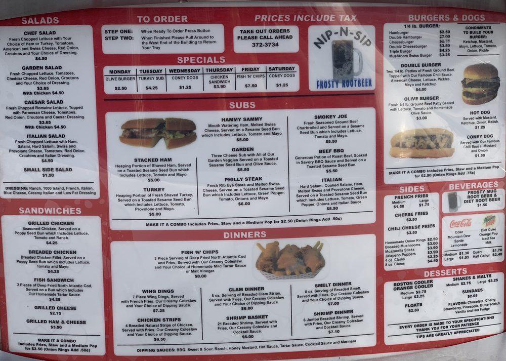 Menu at Nip N Sip Drive In restaurant, Lansing, N East St