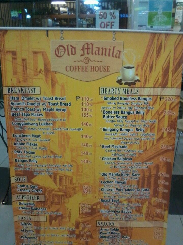 Menu at Old Manila Coffee House, Quezon City, Level 3