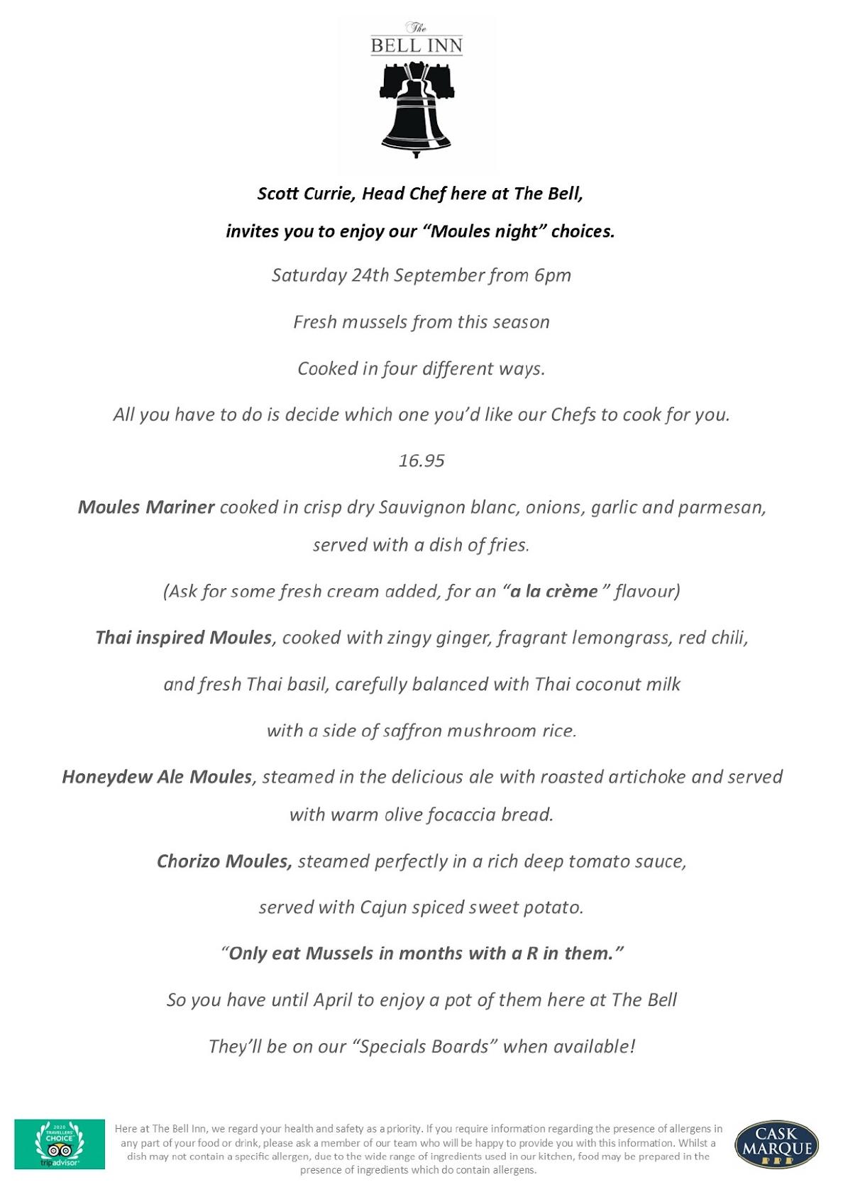 Menu at The Bell Inn, Outwood, Surrey. RH1 5PN restaurant, Outwood