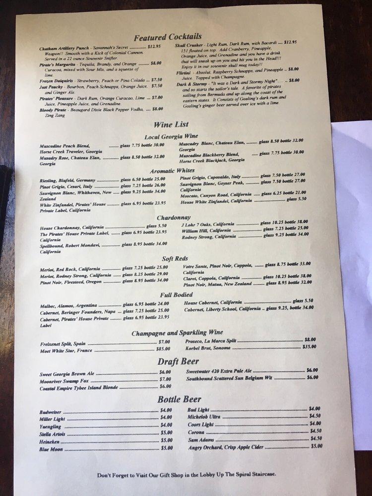 Menu at The Pirates' House restaurant, Savannah