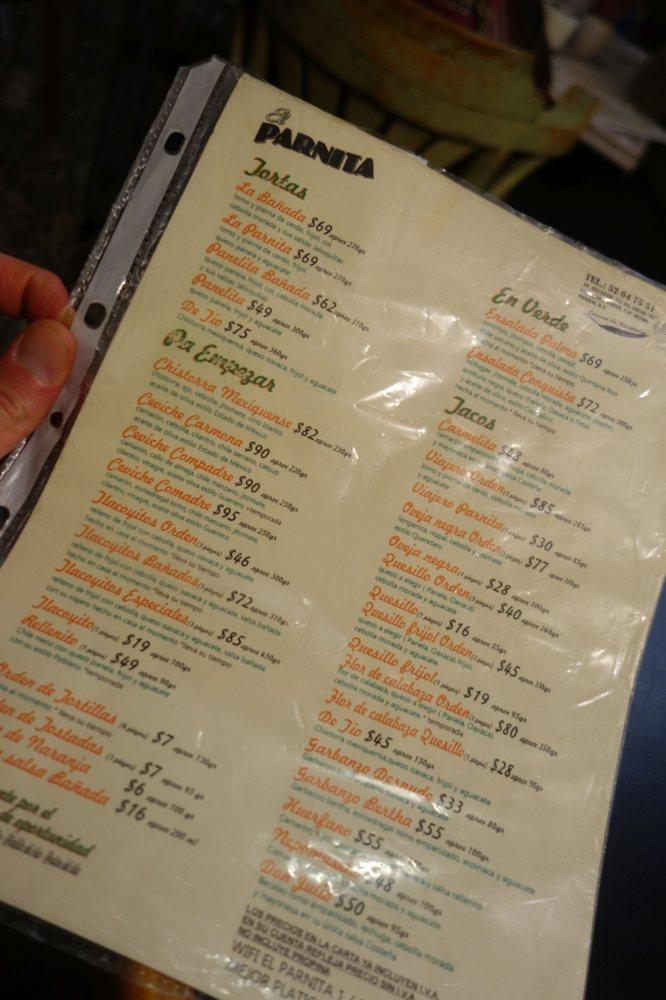 Carta del restaurante El Parnita, Ciudad del México
