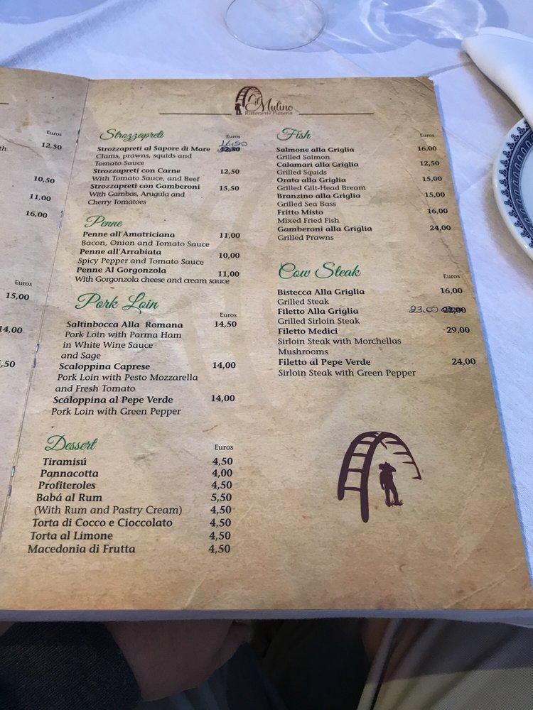 Menu at Il Mulino restaurant, Lisbon