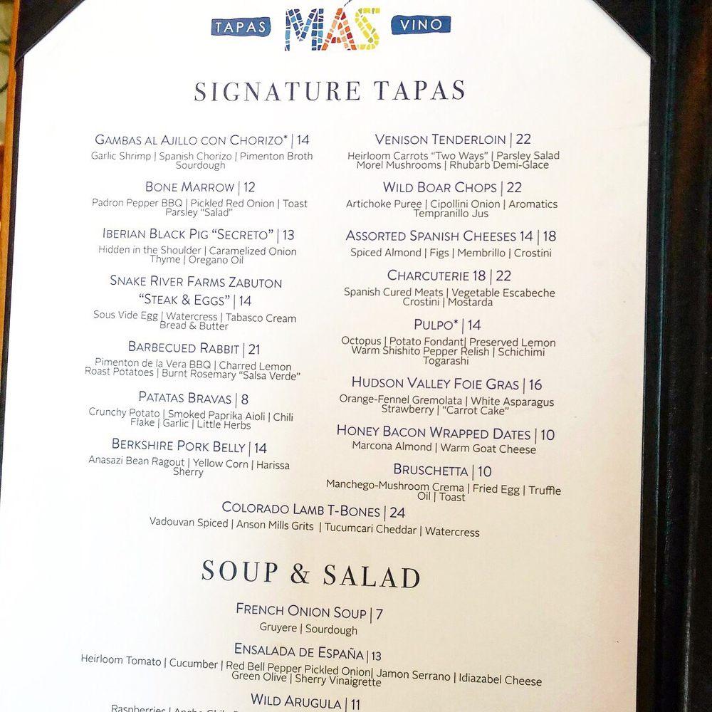 Menu at MÁS Tapas y Vino restaurant, Albuquerque