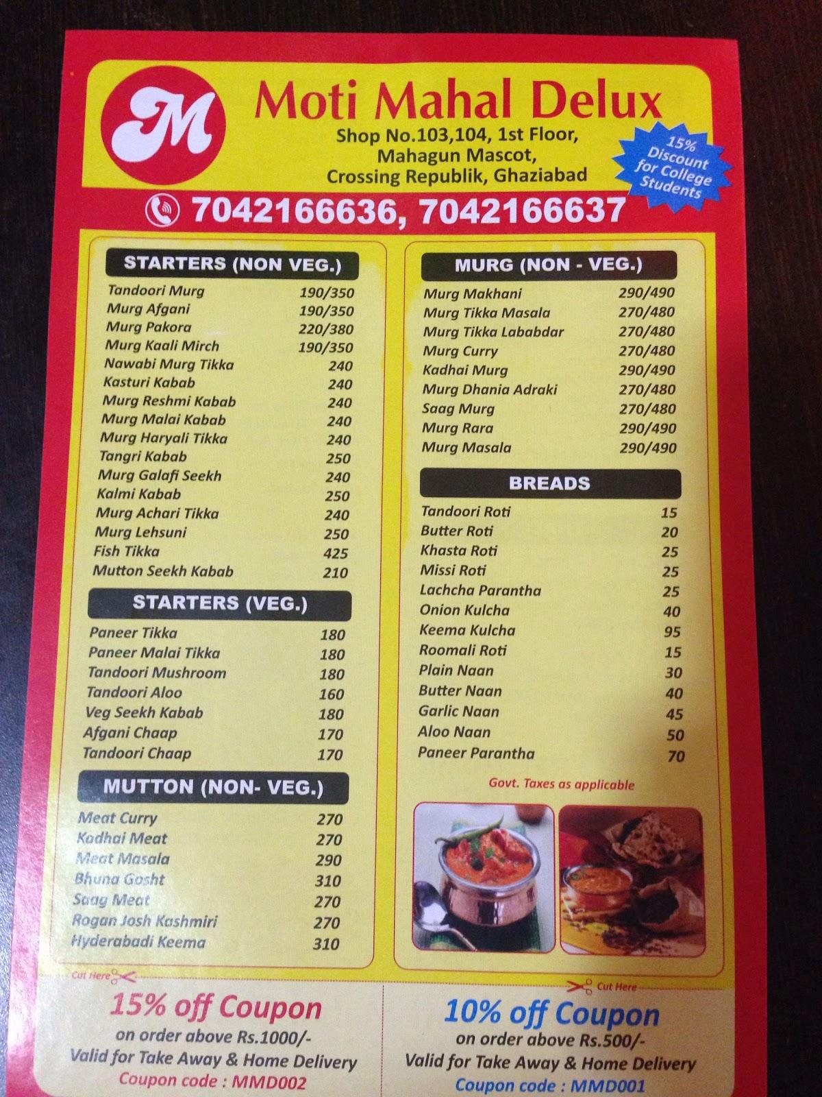 Menu at Moti Mahal Delux, Ghaziabad, Mahagun Mascot
