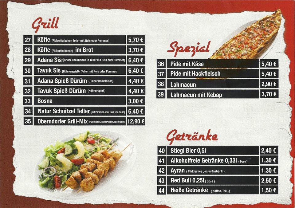 Menu at Akin Imbiss restaurant, Oberndorf bei Salzburg