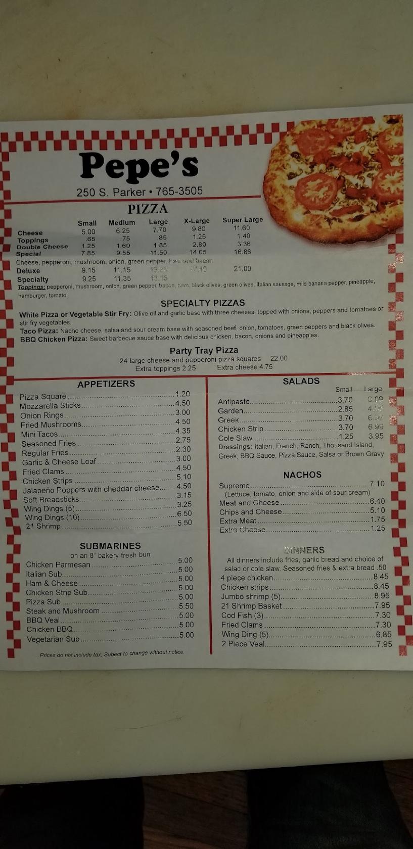 Menu at Pepe's Pizza pizzeria, Marine City
