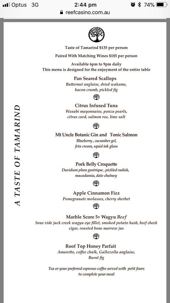 Menu at Tamarind Restaurant, Cairns