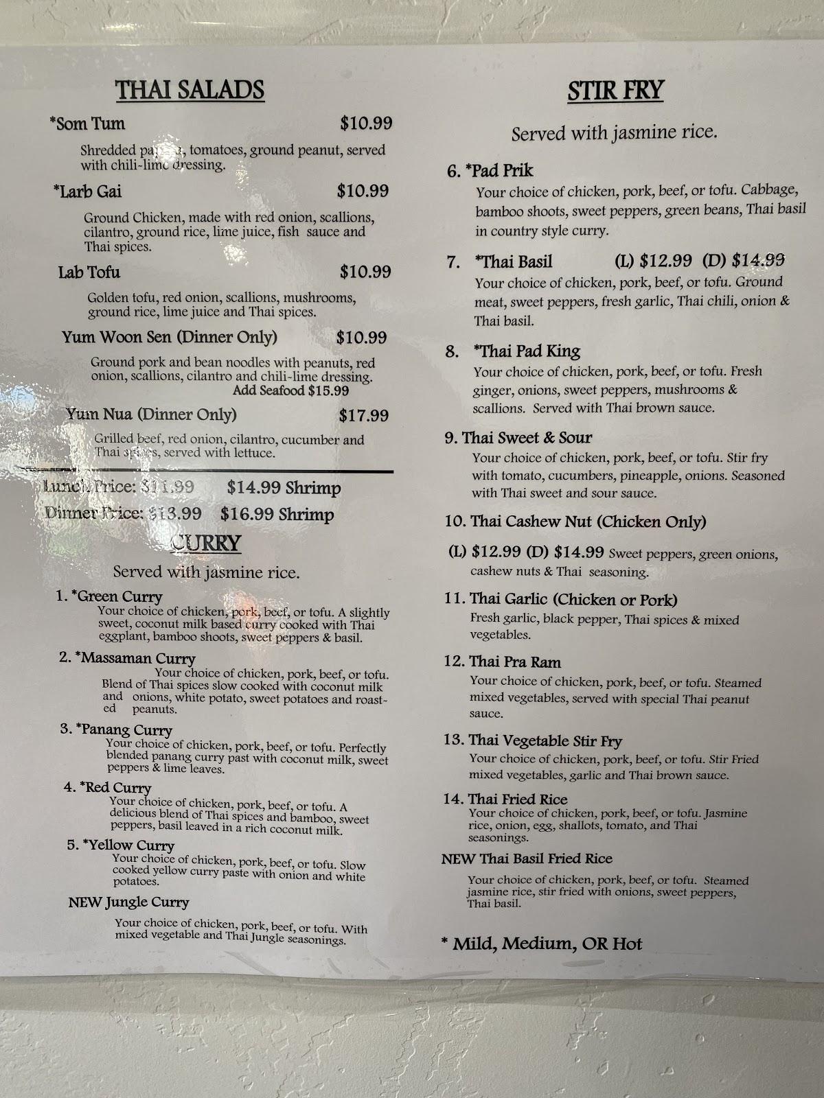 Menu at Thai Number 9 restaurant, Grand Junction