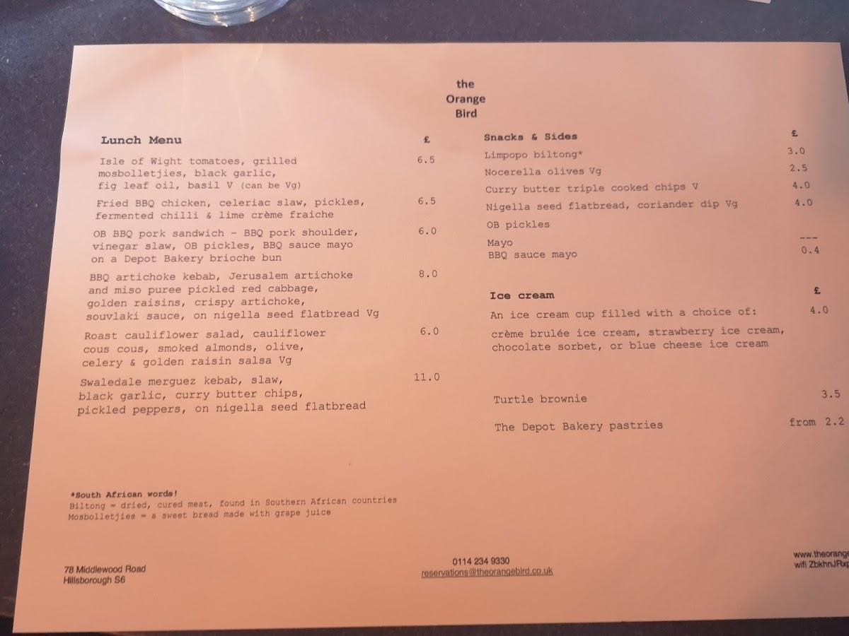 Menu at the Orange Bird restaurant, Sheffield