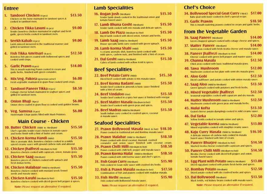 Menu at Bollywood Spices Indian Cuisine restaurant, North Perth, 9/299 ...