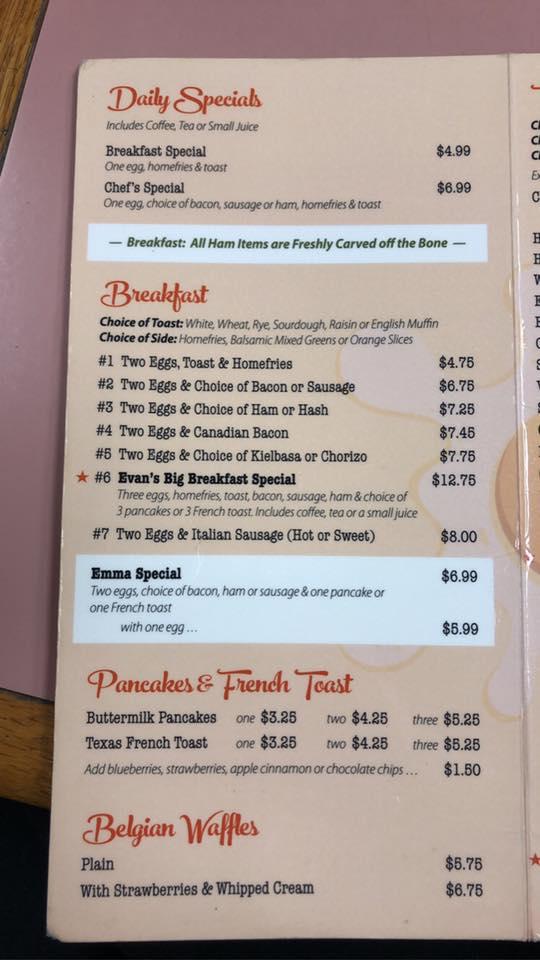 Menu at Evan's Egg House restaurant, Ludlow