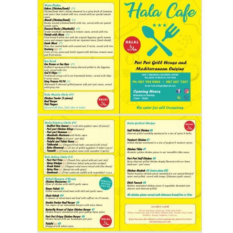 Menu at Hala Cafe, Dublin