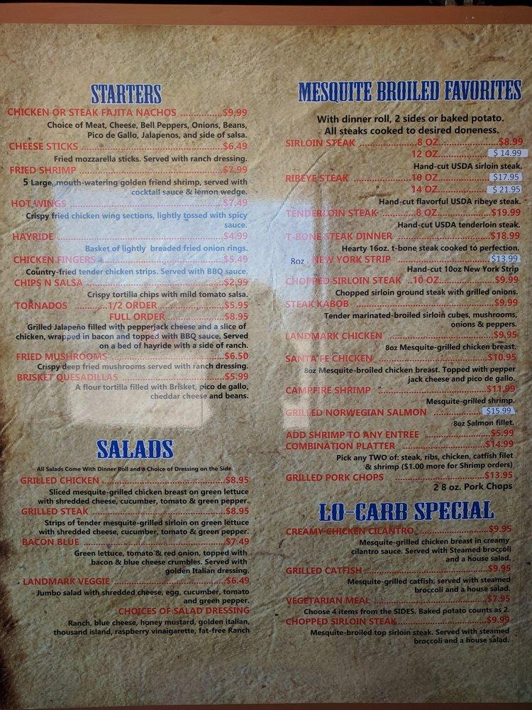 Menu at Landmark Grill steakhouse, Lewisville