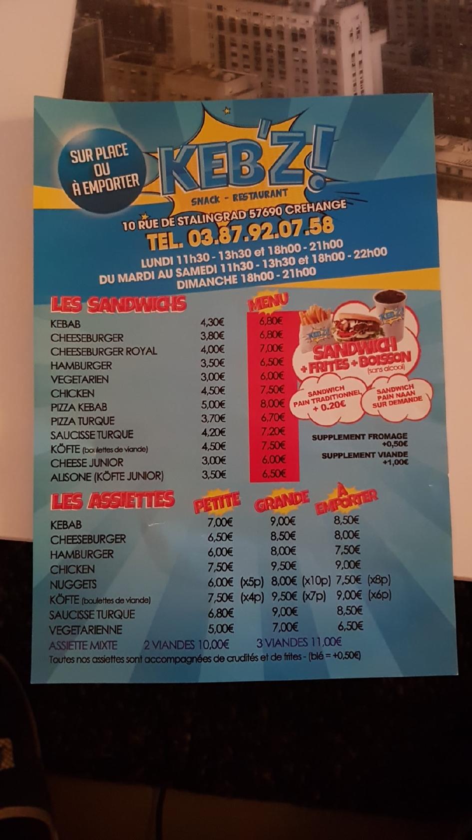 Menu au Le Keb'z restaurant, Créhange