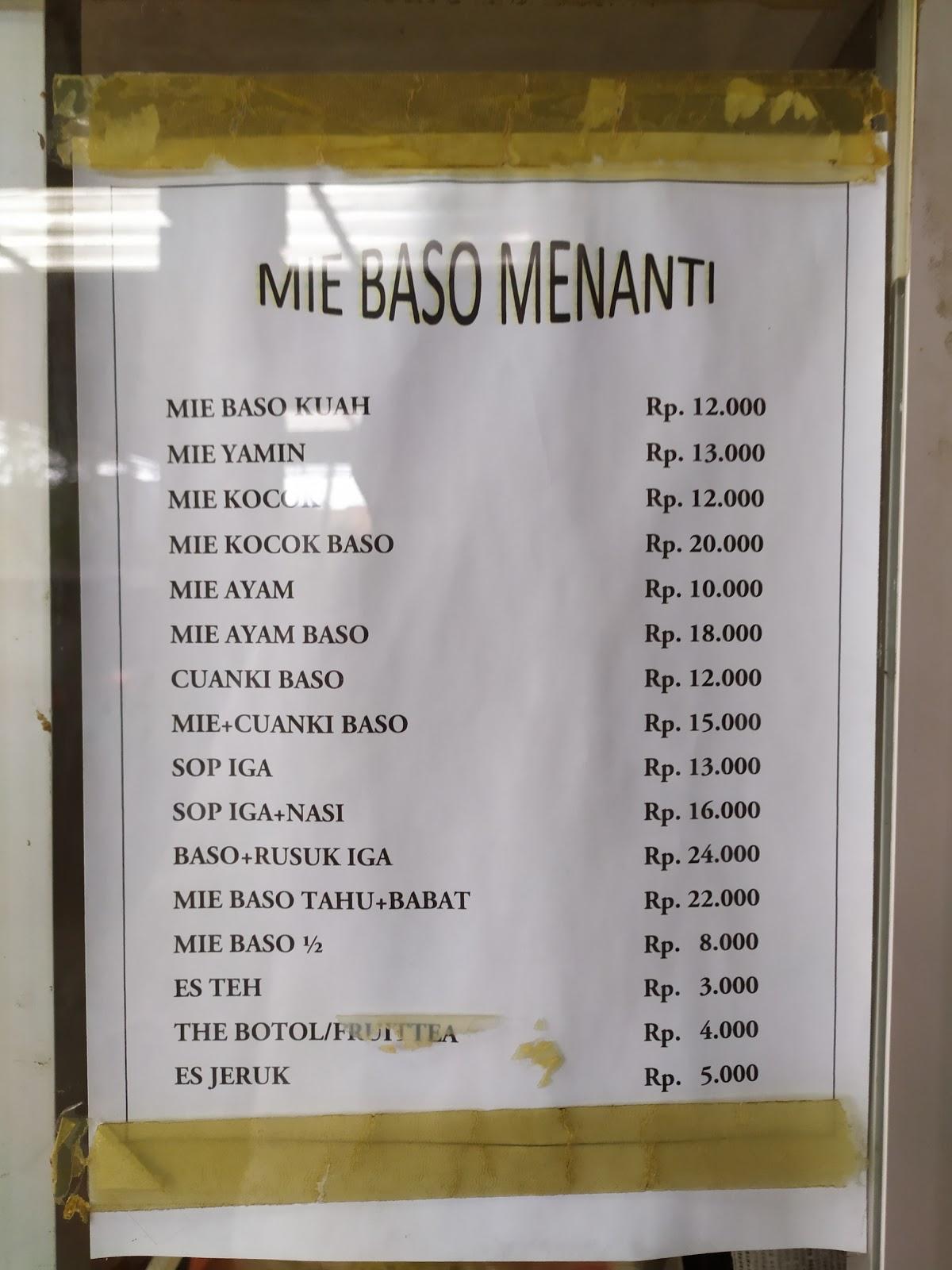 Menu at Mie Baso Sapi Menanti restaurant, Bandung