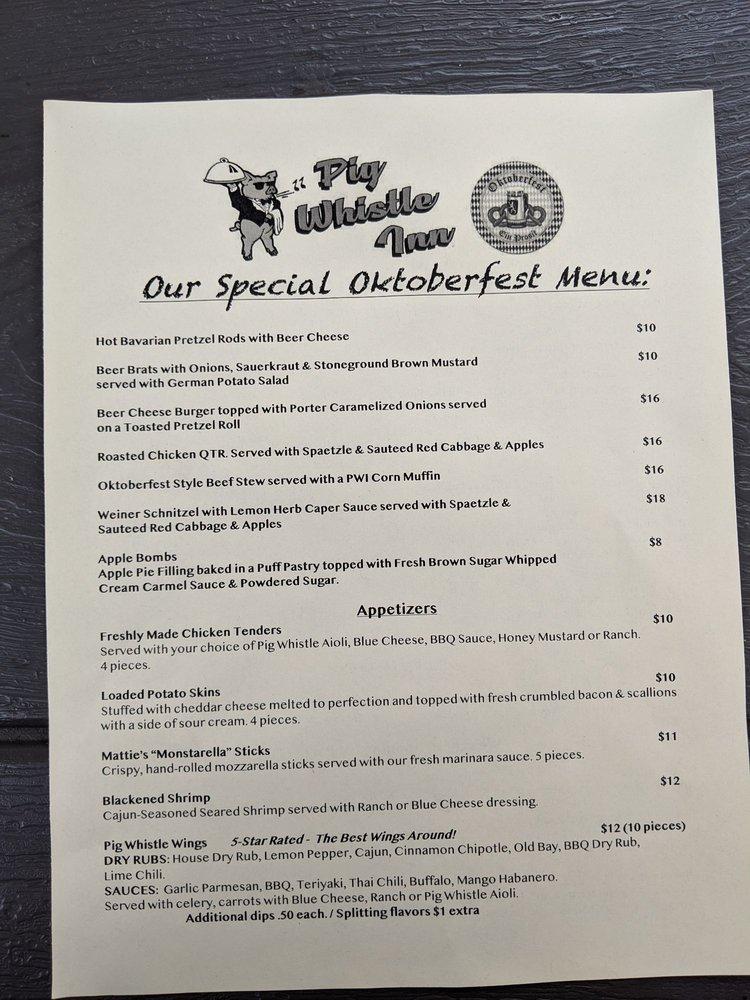 Menu at Pig Whistle Inn restaurant, Newton