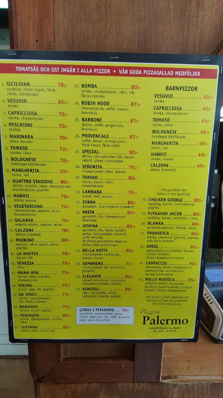 Menu at Pizzeria Palermo, Åkarp