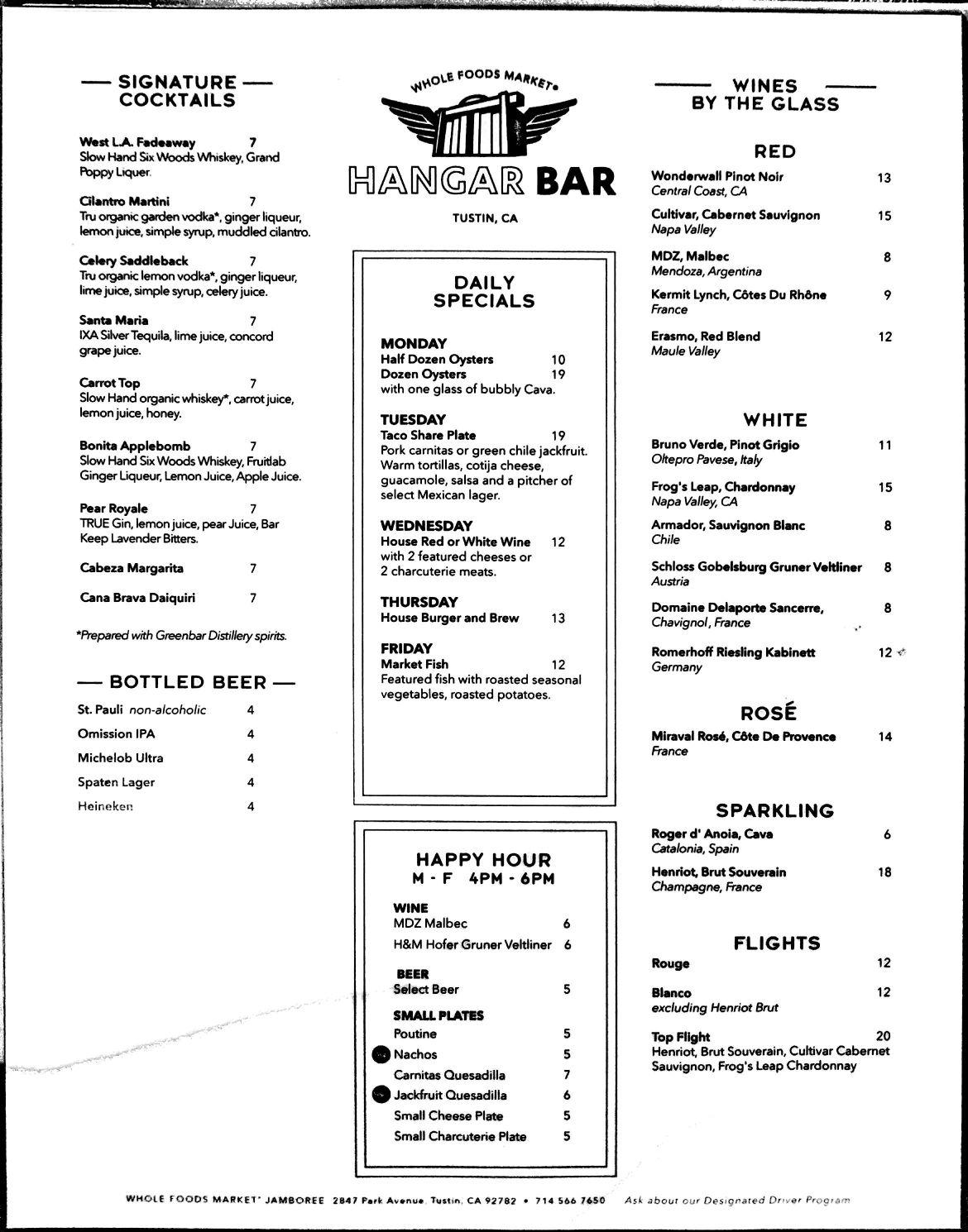 Menu at The Hangar Bar, Tustin