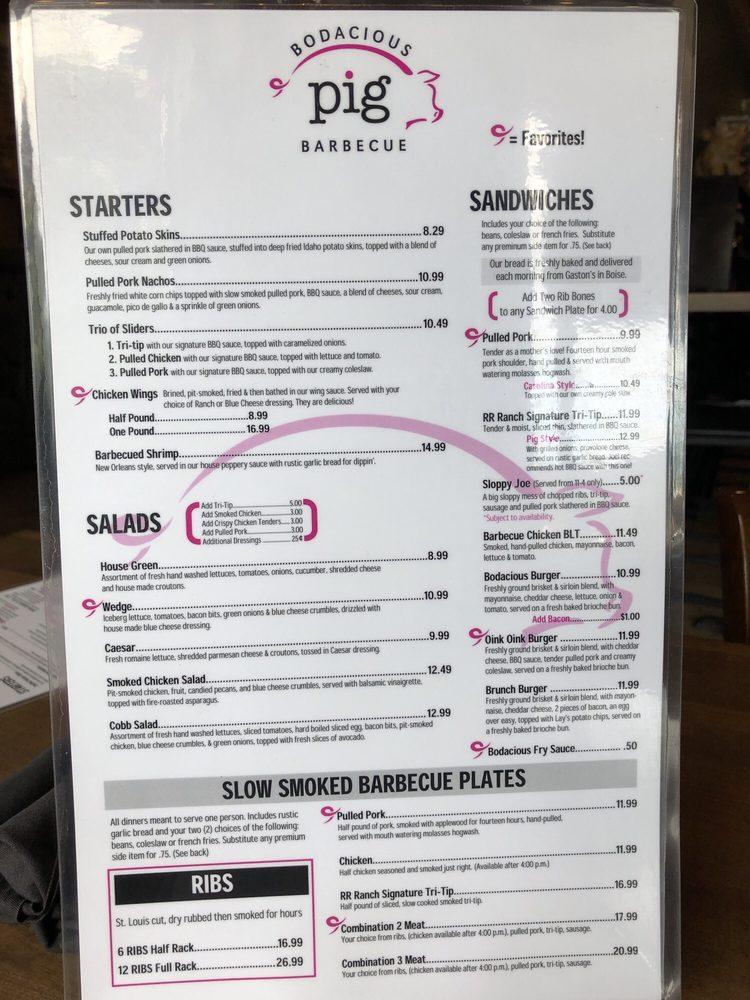 Menu at Bodacious Pig Barbecue, Eagle