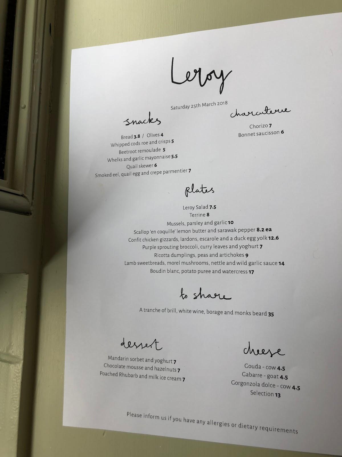 Menu at Leroy pub & bar, London